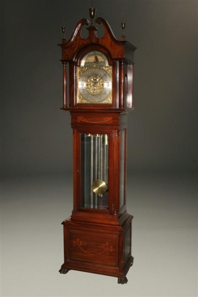 English Elliott clock in inlaid mahogany case